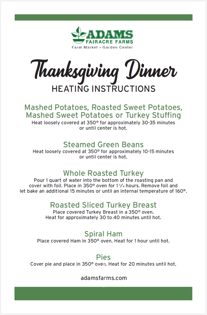 Thanksgiving Dinner Heating Instructions - Adams Fairacre Farms