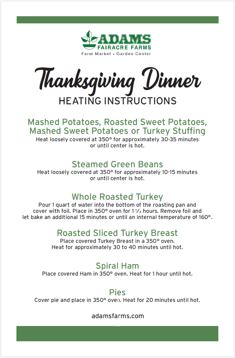Thanksgiving Dinner Heating Instructions - Adams Fairacre Farms